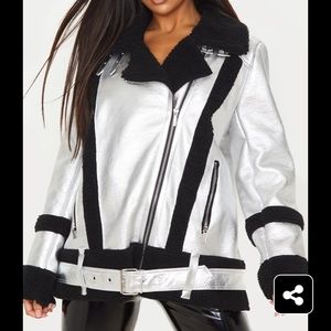 PrettyLittleThing | Jackets & Coats | Silver Aviator Jacket With Black ...